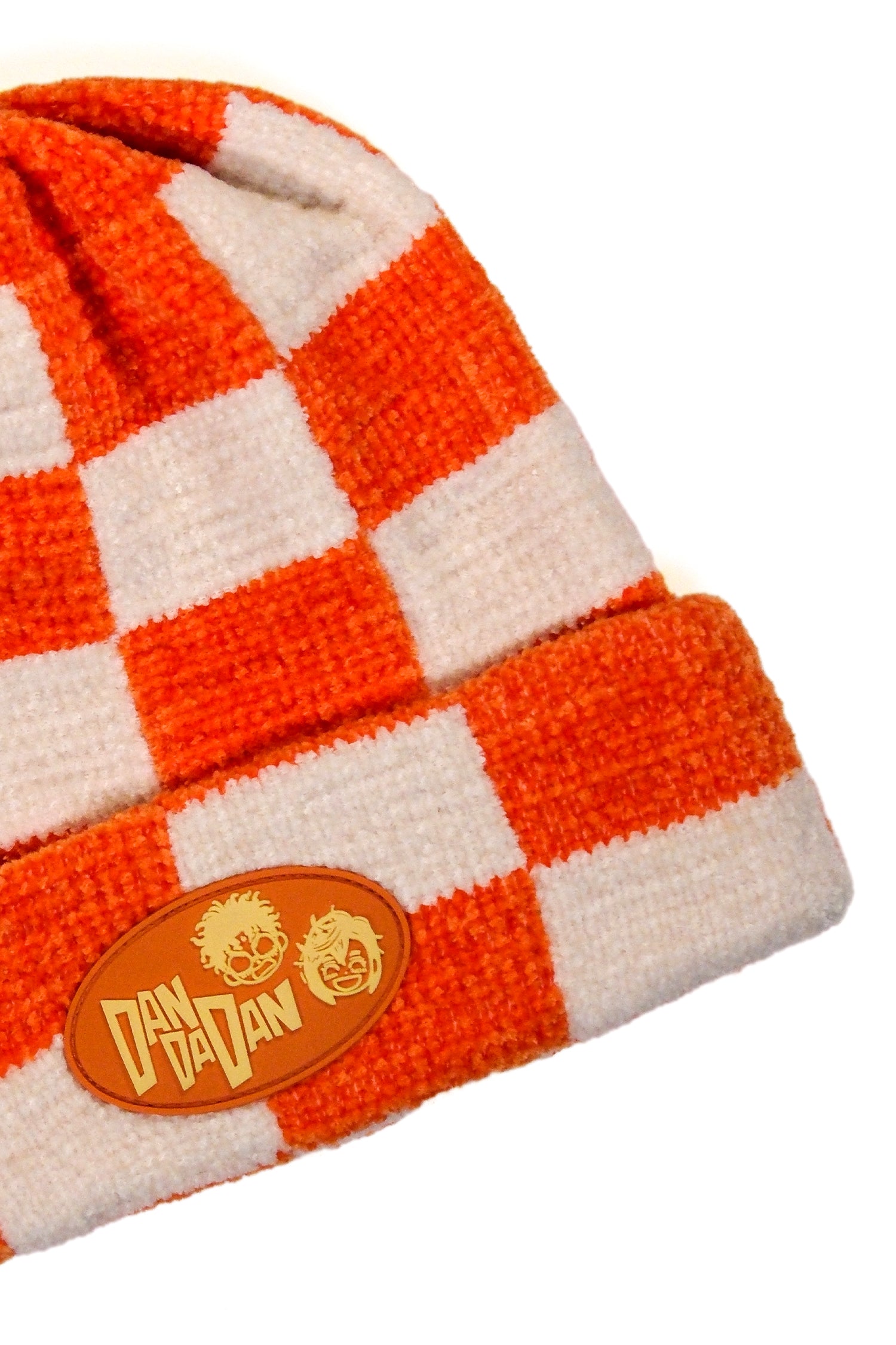 Dan Da Dan Checkered Beanie with PVC Patch - Orange / White Dan Da Dan Checkered Beanie with PVC Patch - Orange / White